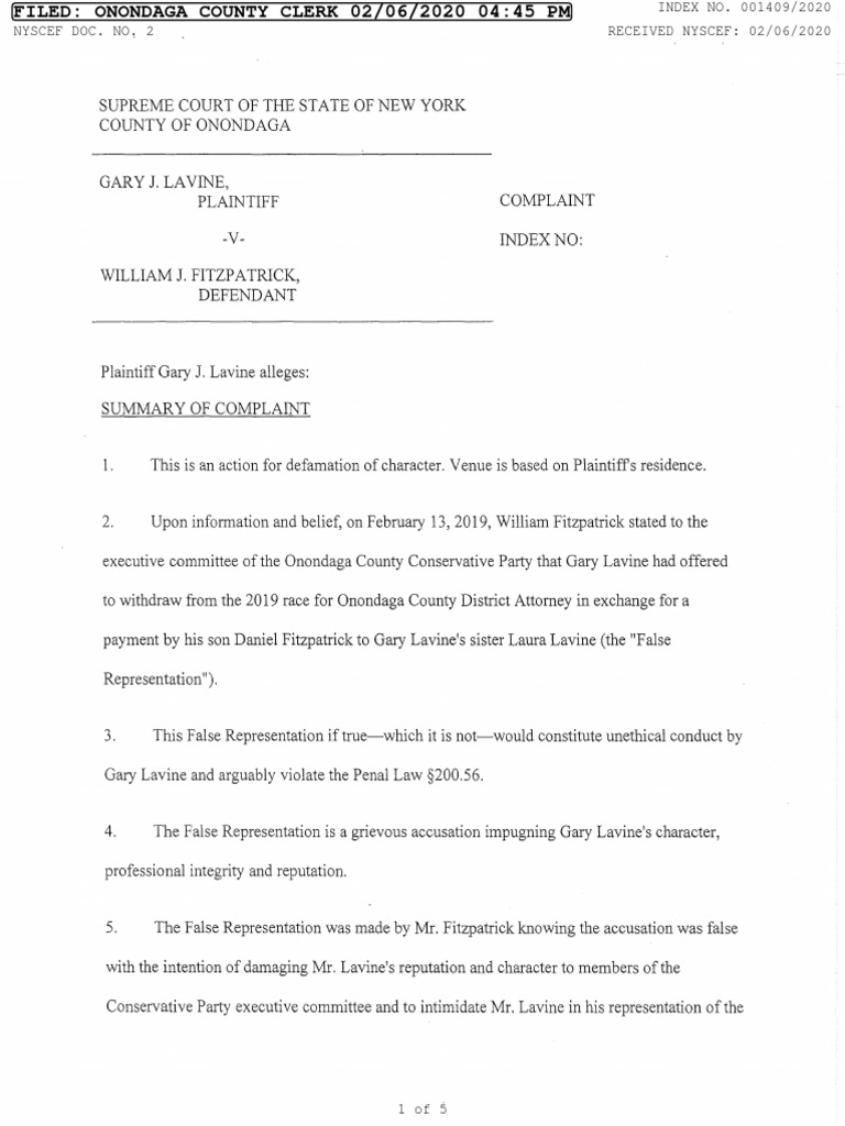 Gary Levin V William Fitzpatrick (Complaint) Filed 02-06-2020 Index No. 001409-2020 PDF | PDF ...