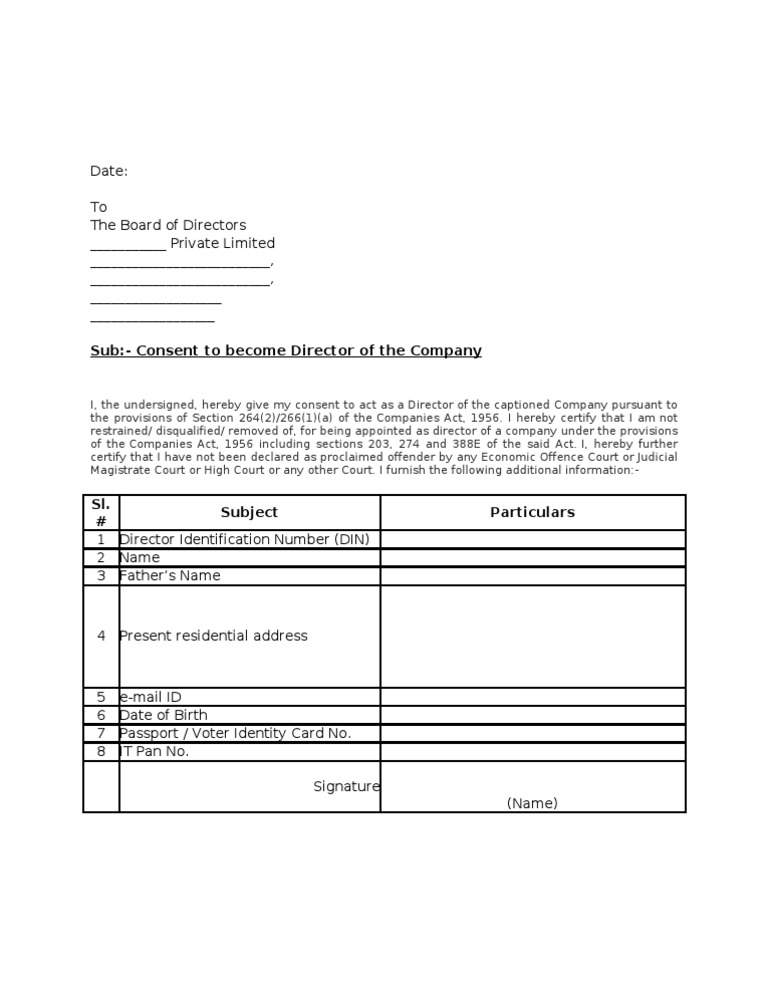 Director Consent Letter Template | PDF | Identity Document | Government ...