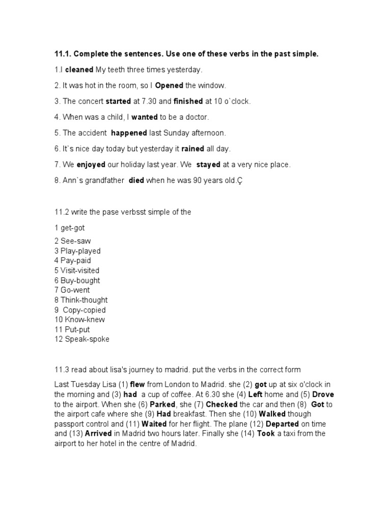 11.1. Complete The Sentences. Use One of These Verbs in The Past Simple ...