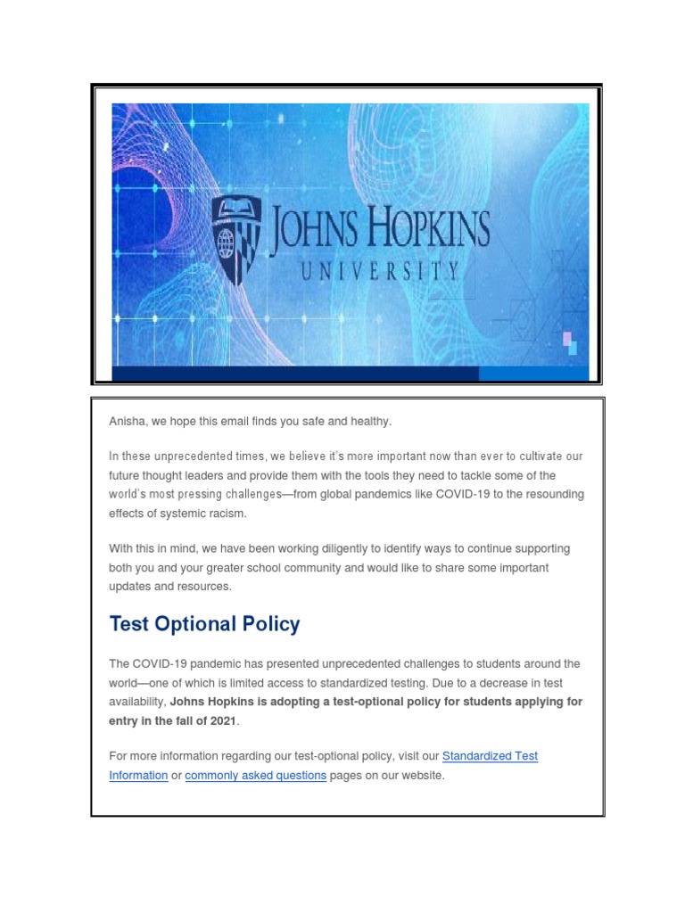 Johns Hopkins Test-Optional Policy Update | PDF | Wellness