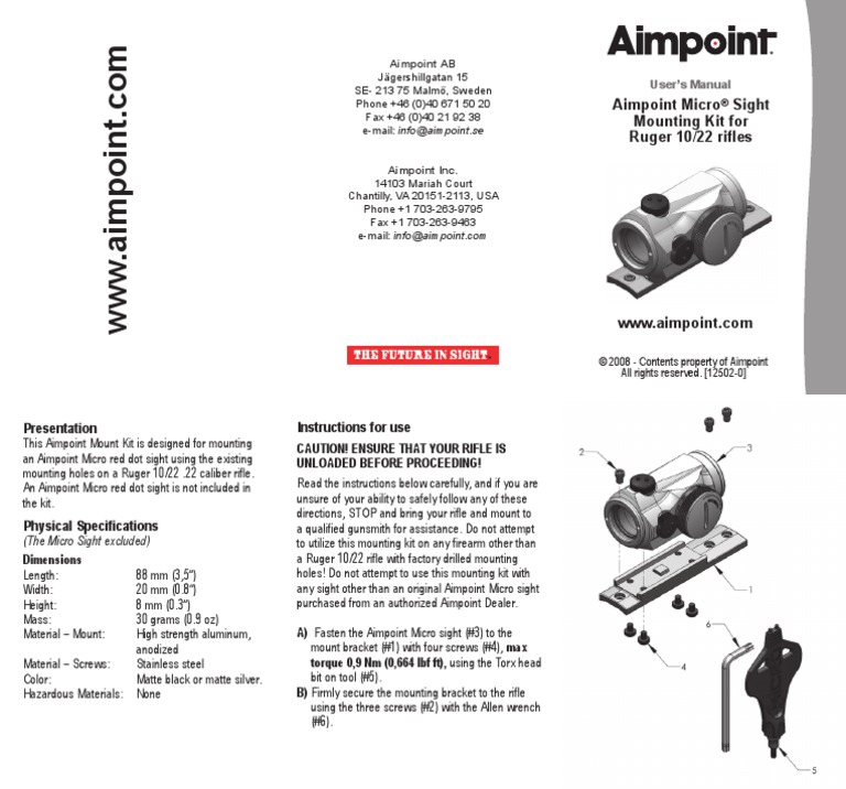 12502-0 User Manual Aimpoint Micro Mount Ruger 10 22 | PDF | Screw | Rifle