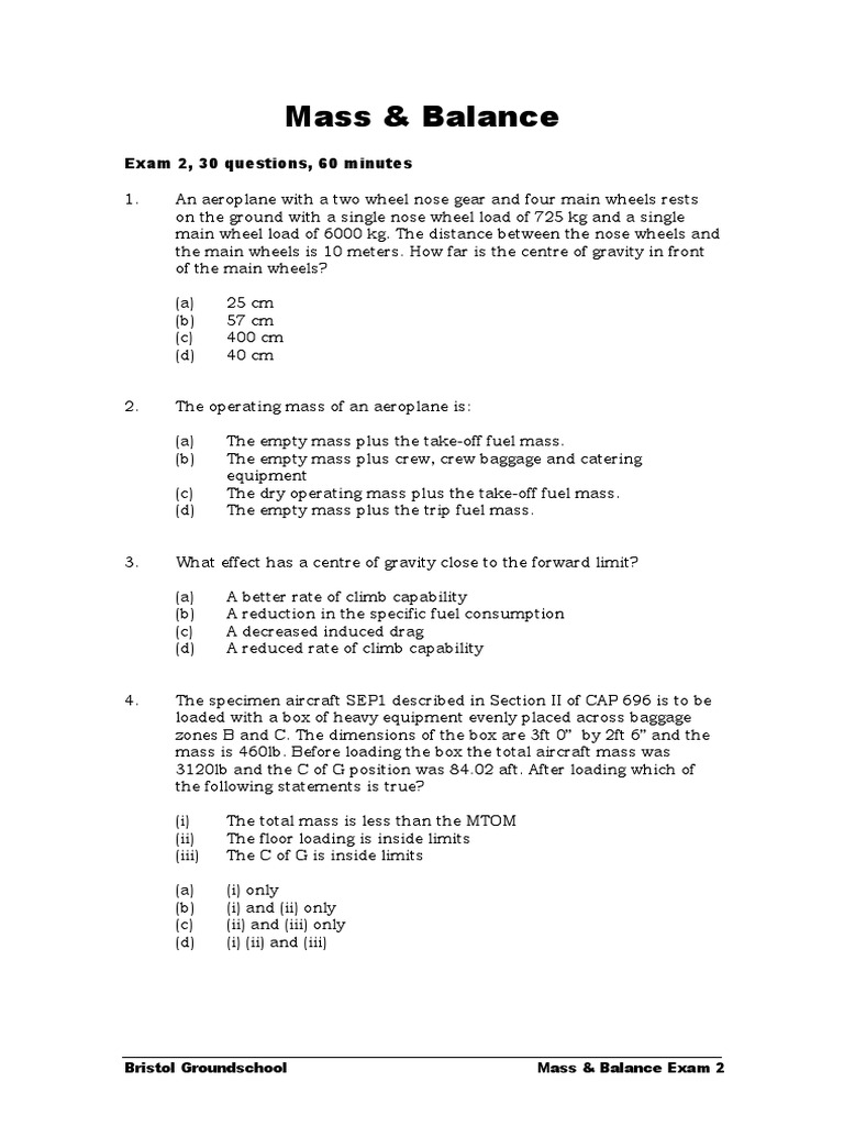 Mass and Balance Exam Overview | PDF | Center Of Mass | Landing Gear