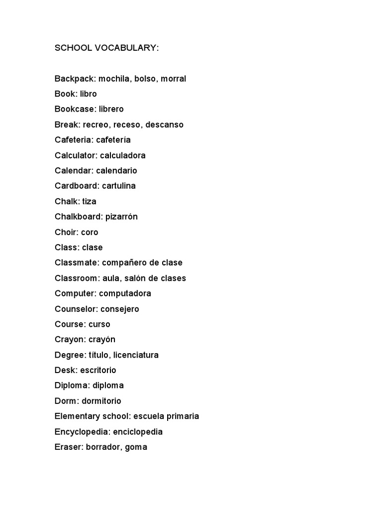 Vocabulario Escolar en Español | PDF