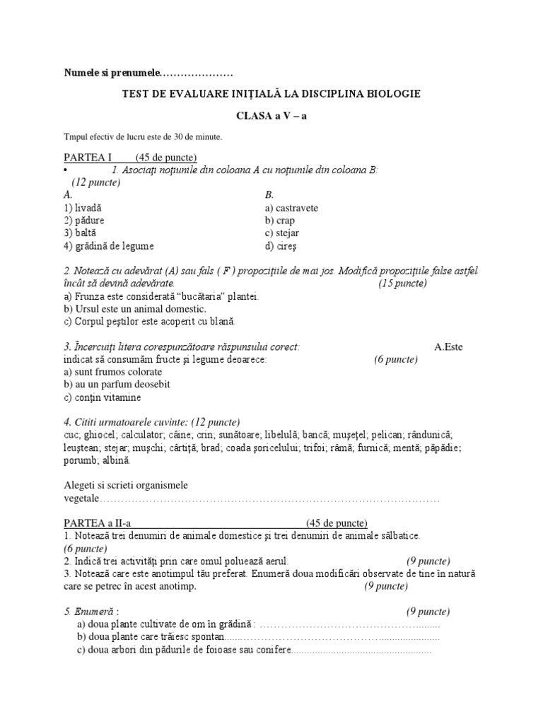 Test Initial Clasa A V-A | PDF