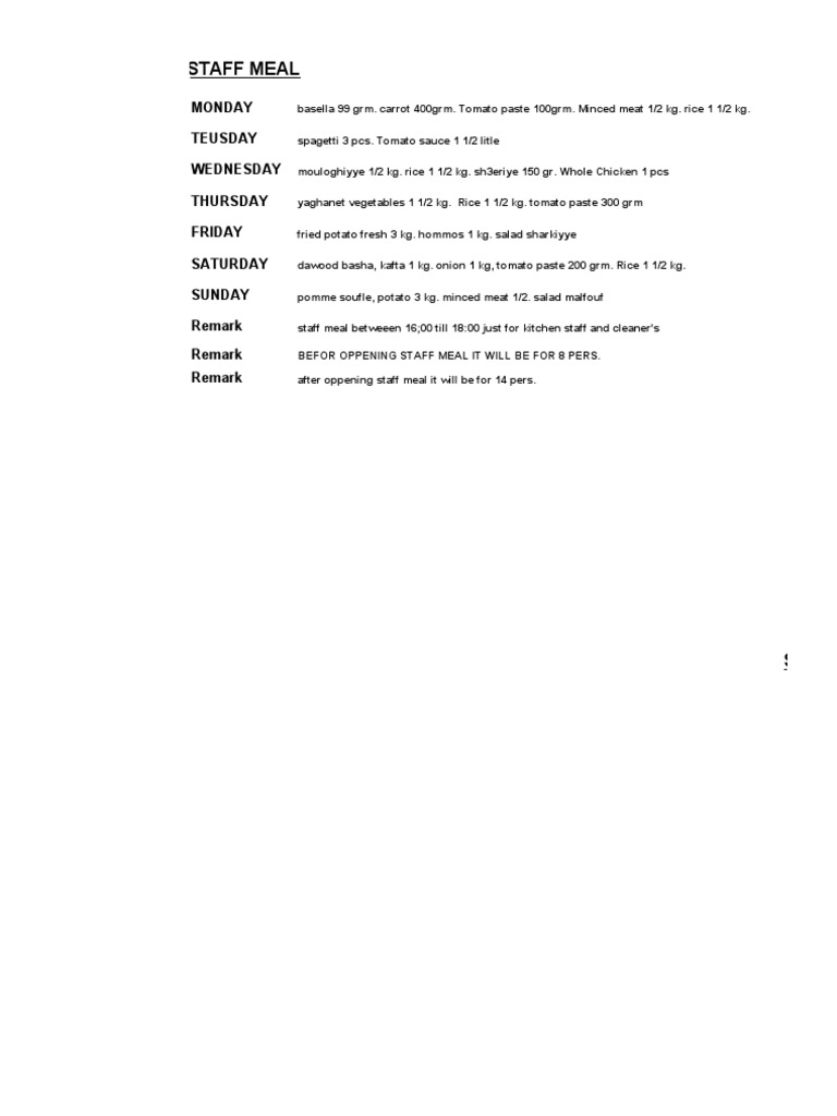 Weekly Staff Meal Menu | PDF | Cooking, Food & Wine | Science & Mathematics