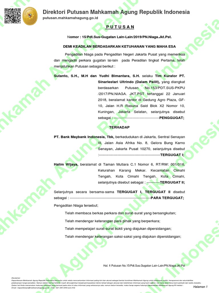 Putusan No. 15 PDT - Sus-Gugatan Lain-Lain 2019 PN - Niaga.jkt - PST 20200923 PDF | PDF