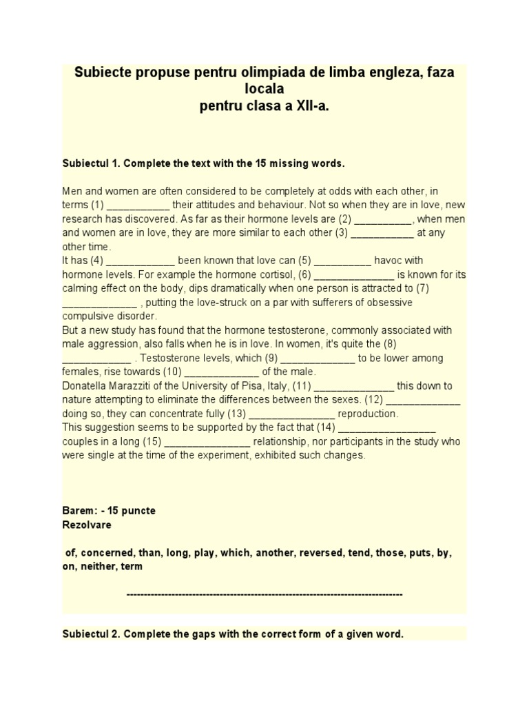 Subiecte Propuse Pentru Olimpiada de Limba Engleza | PDF | Testosterone ...