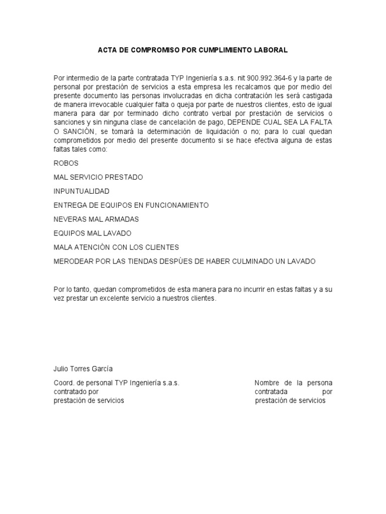 Acta de Compromiso Por Cumplimiento Laboral | PDF