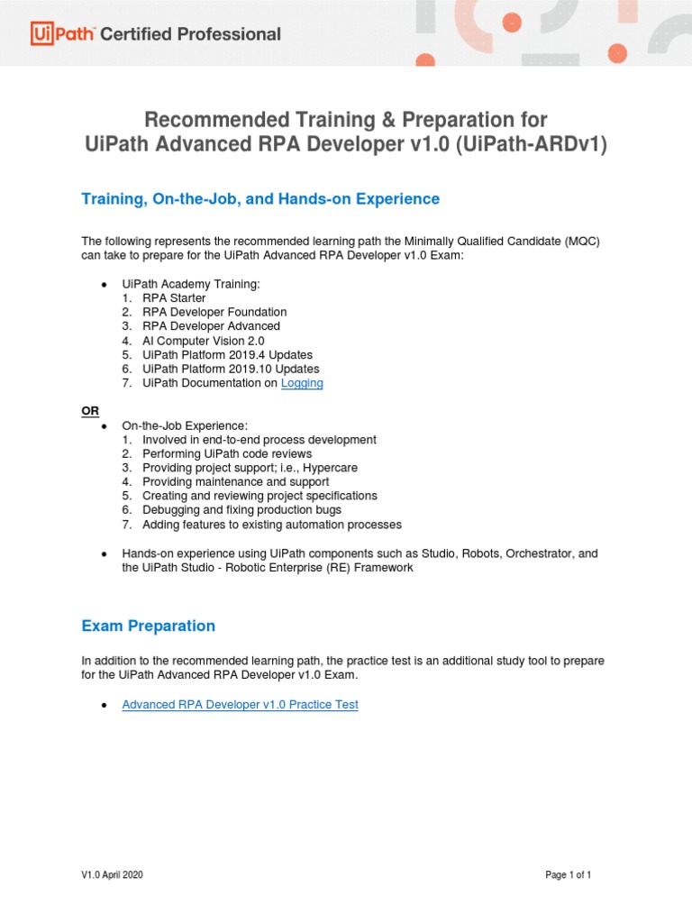 UiPath Certified Professional - Advanced RPA Developer v1.0 Recommended ...