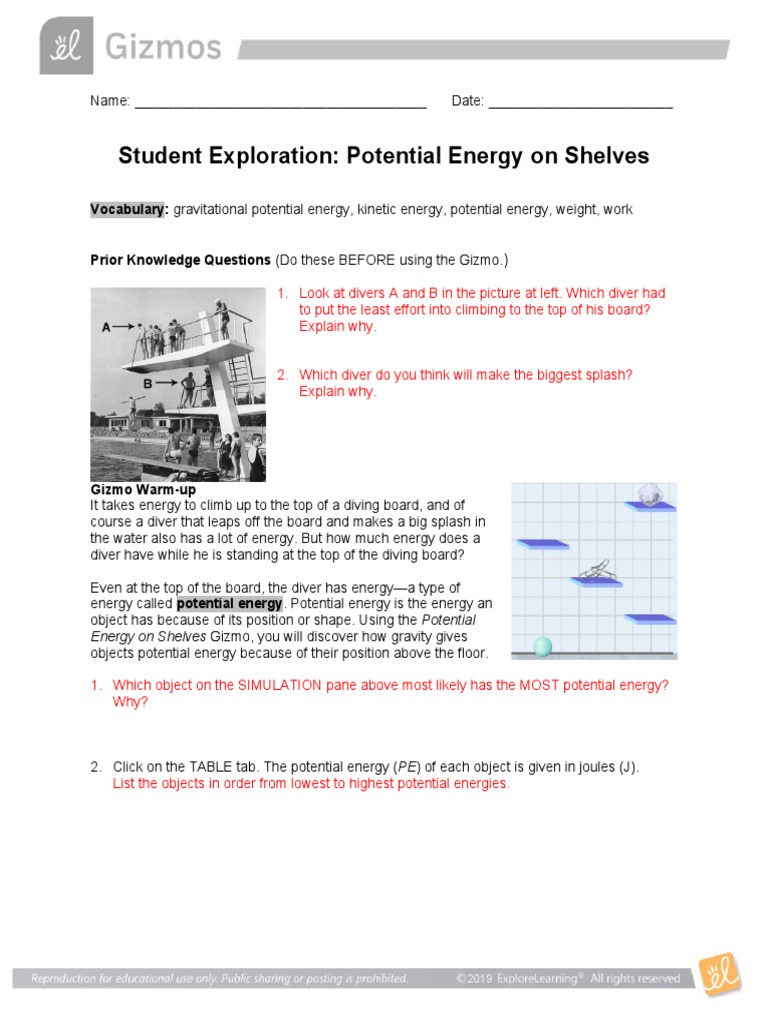 Student Exploration: Potential Energy On Shelves | PDF | Potential ...
