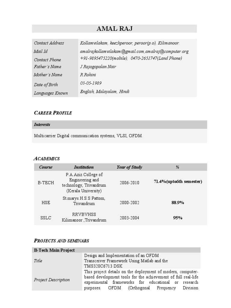Amal Resume | PDF | Modulation | Orthogonal Frequency Division Multiplexing