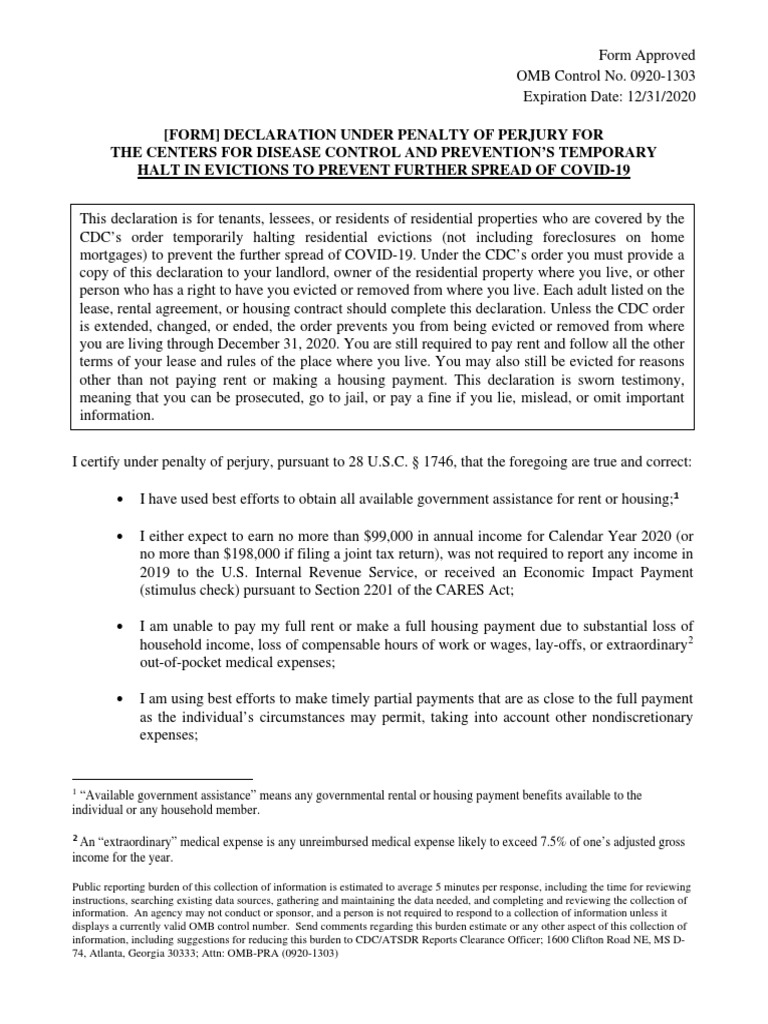 CDC Eviction Moratorium Form For Renters | Download Free PDF | Eviction ...