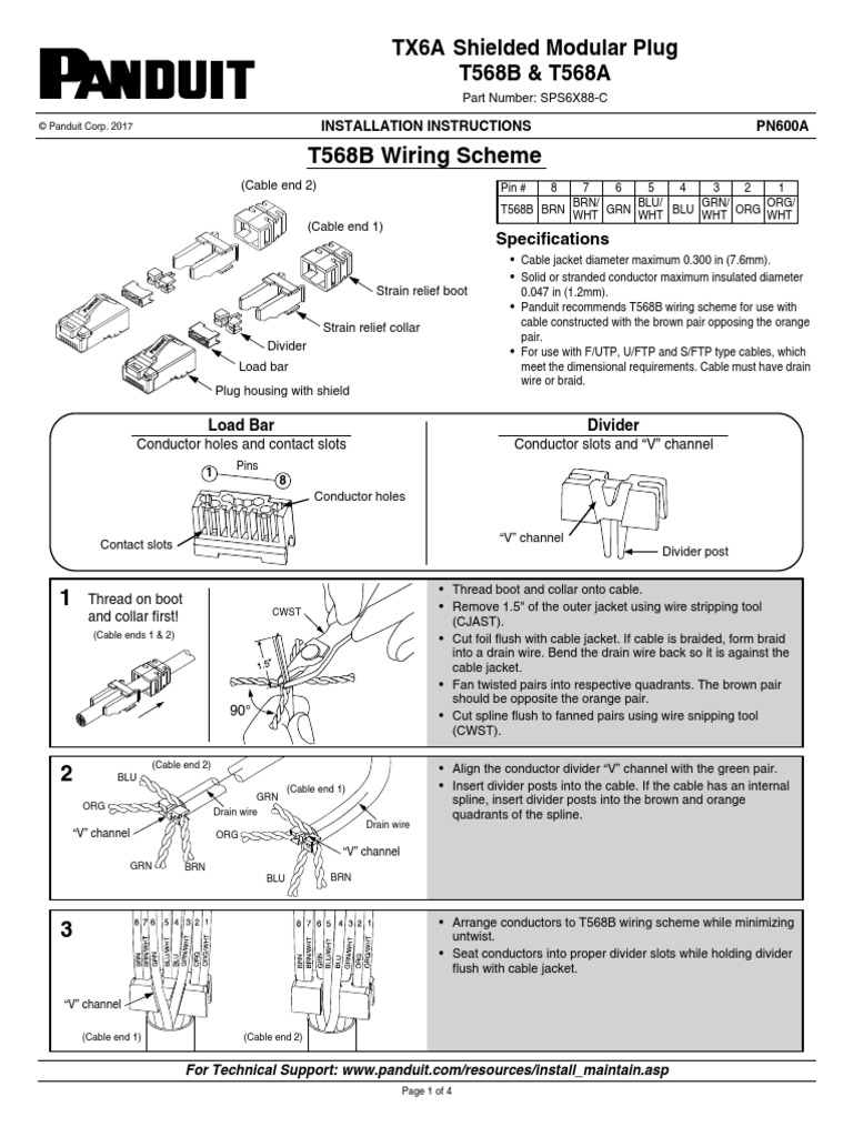 T568B Wiring Scheme: TX6A Shielded Modular Plug T568B & T568A | PDF ...