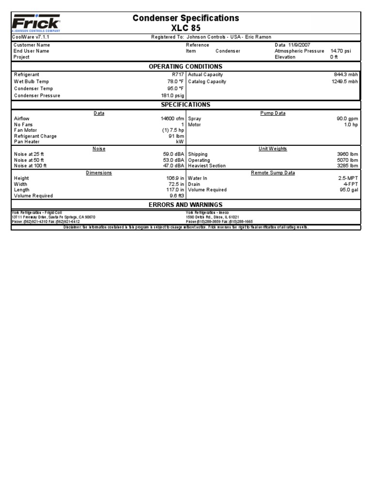 Condenser Specifications XLC 85: Operating Conditions | PDF ...