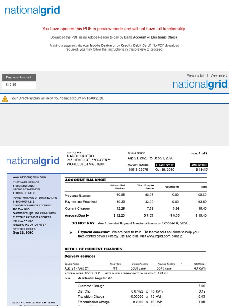 National Grid Bill Summary for Marco Castro | PDF | Cheque | Kilowatt Hour