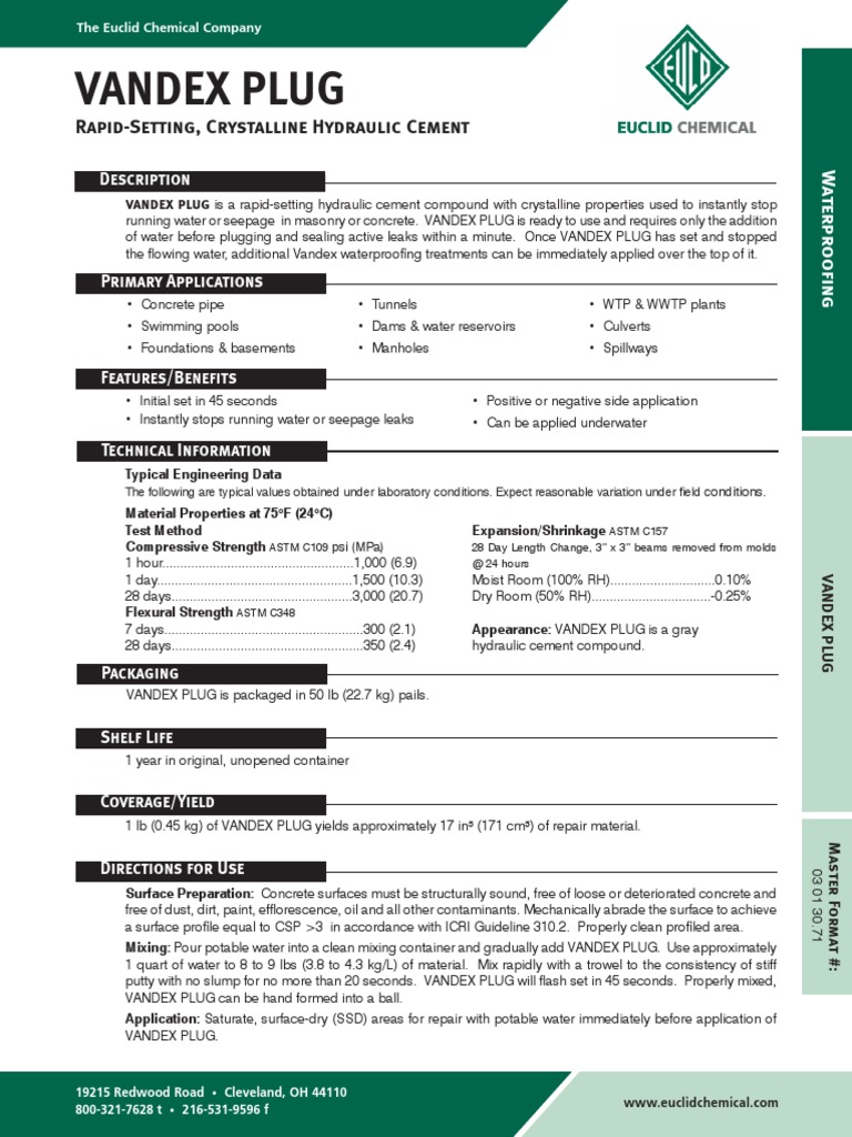 Vandex Plug: Rapid-Setting, Crystalline Hydraulic Cement | PDF ...