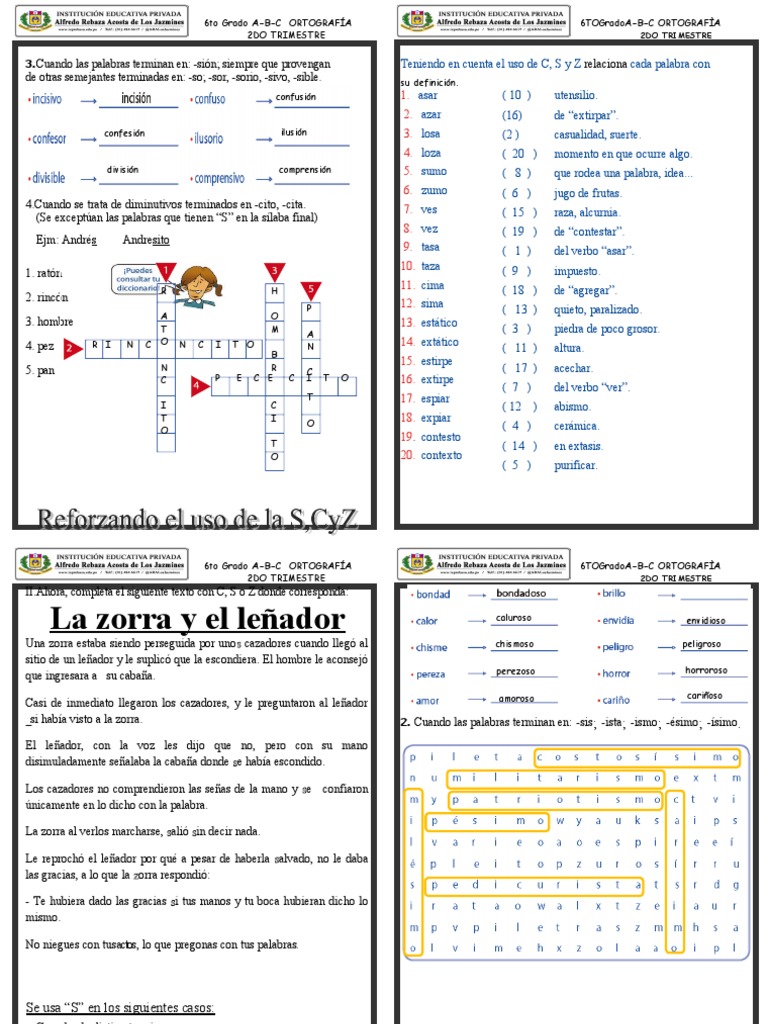 Ficha de ORTOGRAFÍA USO DE LA S, C y Z 6to Grado A-B-C 2019 DEL 03 Al ...