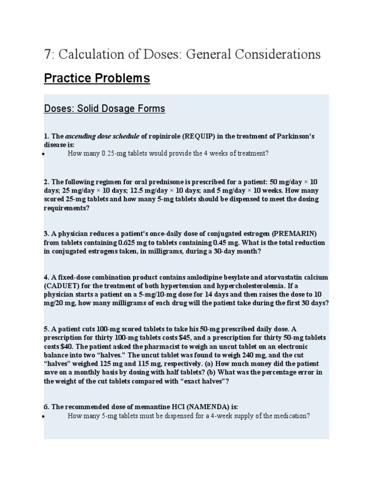 7: Calculation of Doses: General Considerations: Practice Problems ...