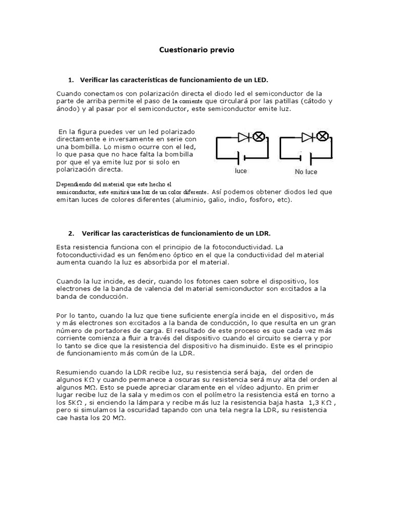 Funcionamiento de LED, LDR y Fotodiodo | PDF | Diodo emisor de luz | Diodo