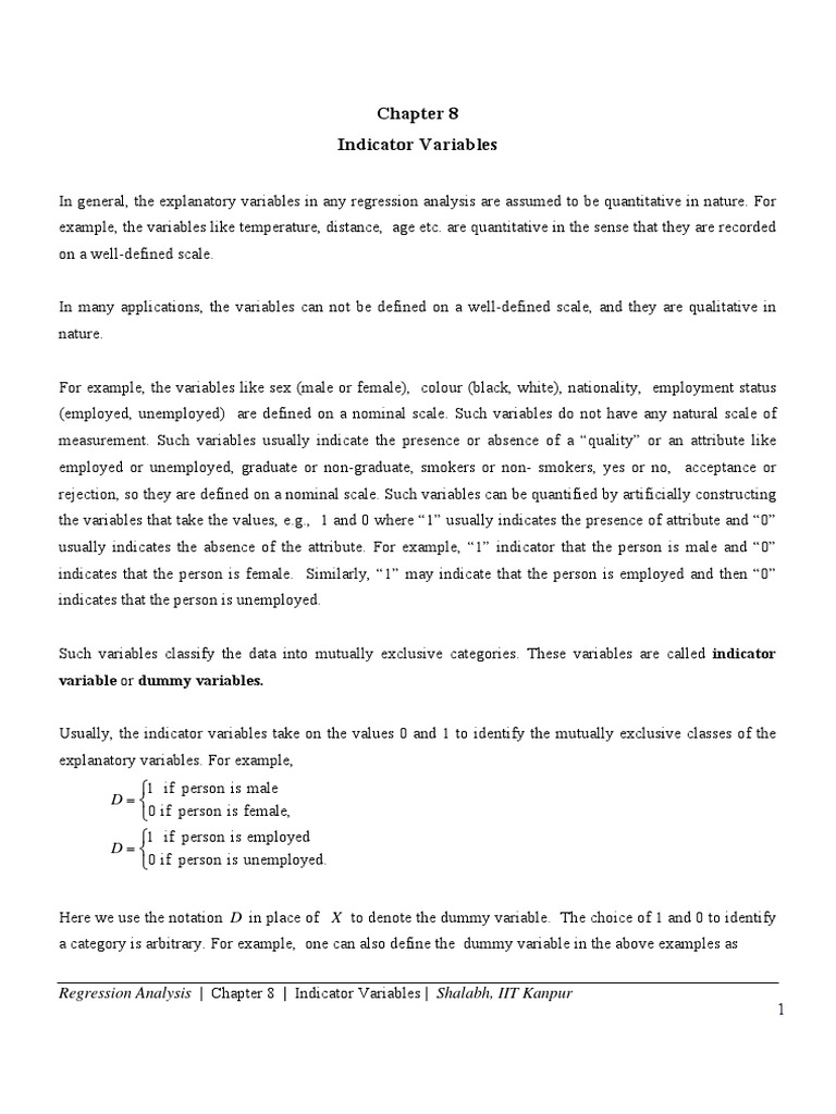 Indicator Variables: Variable or Dummy Variables | PDF | Dummy Variable ...