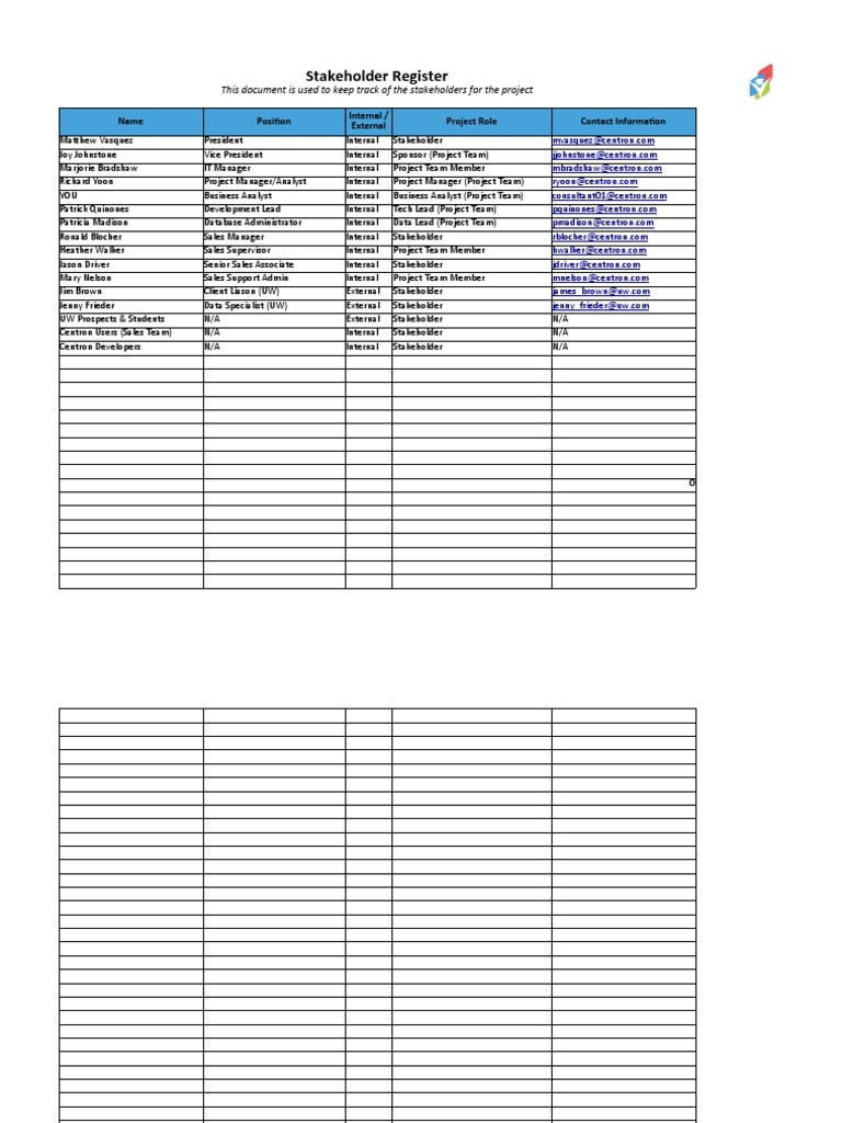 Stakeholder Register: This Document Is Used To Keep Track of The ...