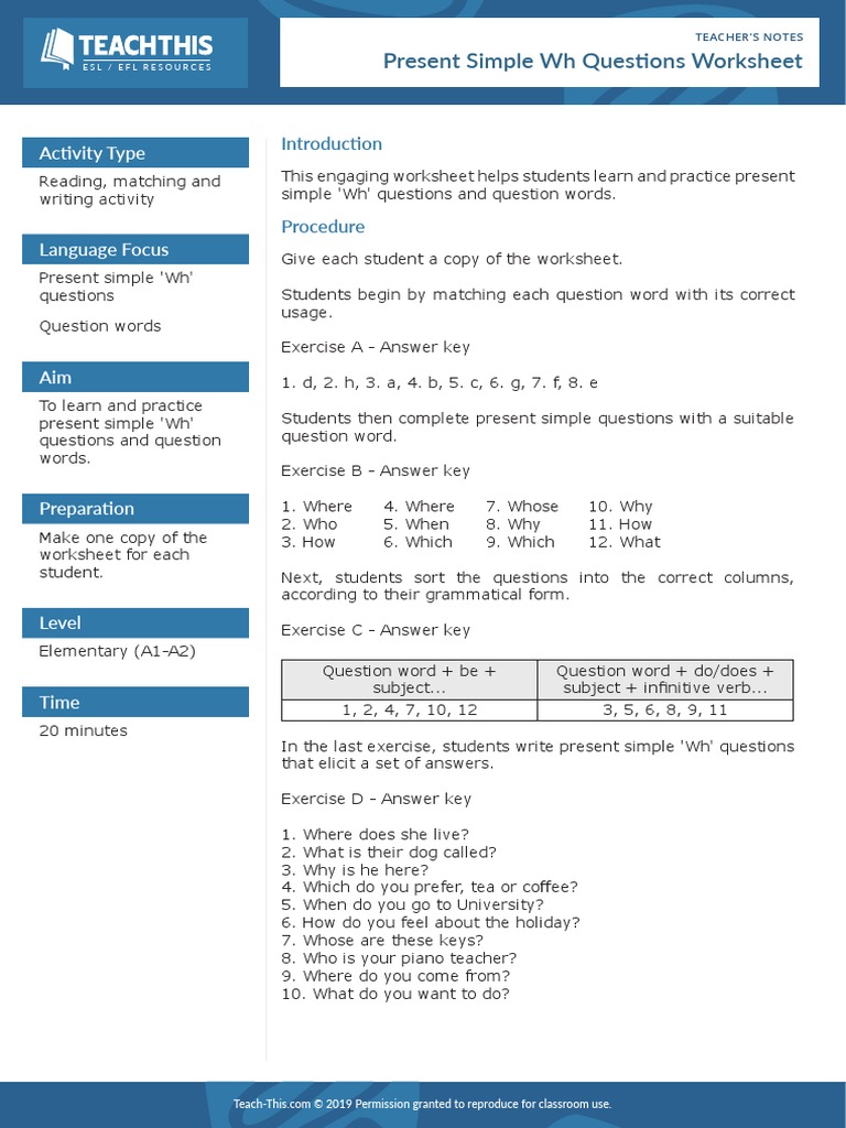 Present Simple WH Questions Worksheet | PDF | Question | English As A ...
