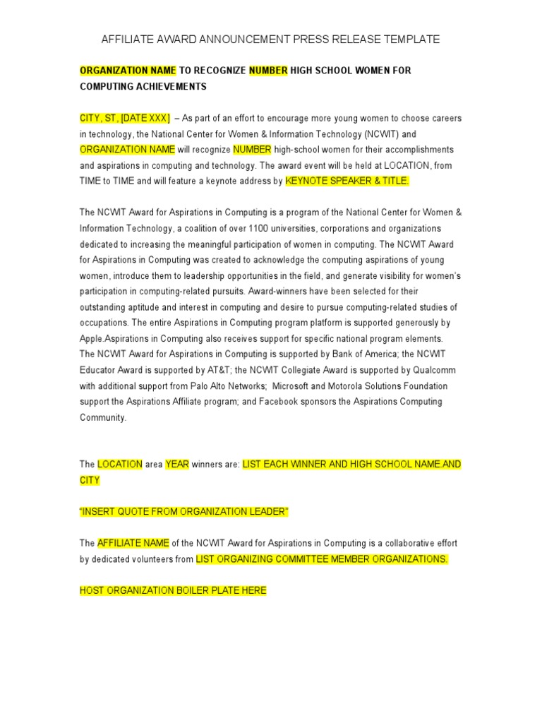 Affiliate Award Announcement Press Release Template | PDF | Computing ...