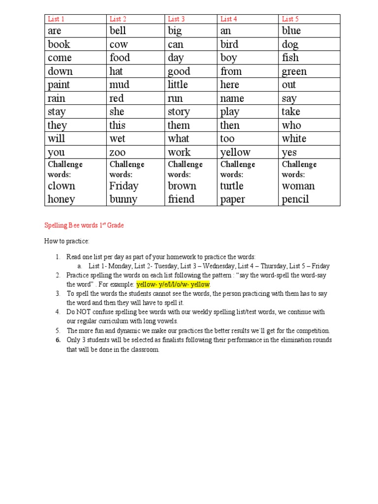 Spelling Bee Words 1ST Grade | PDF | Language Arts & Discipline