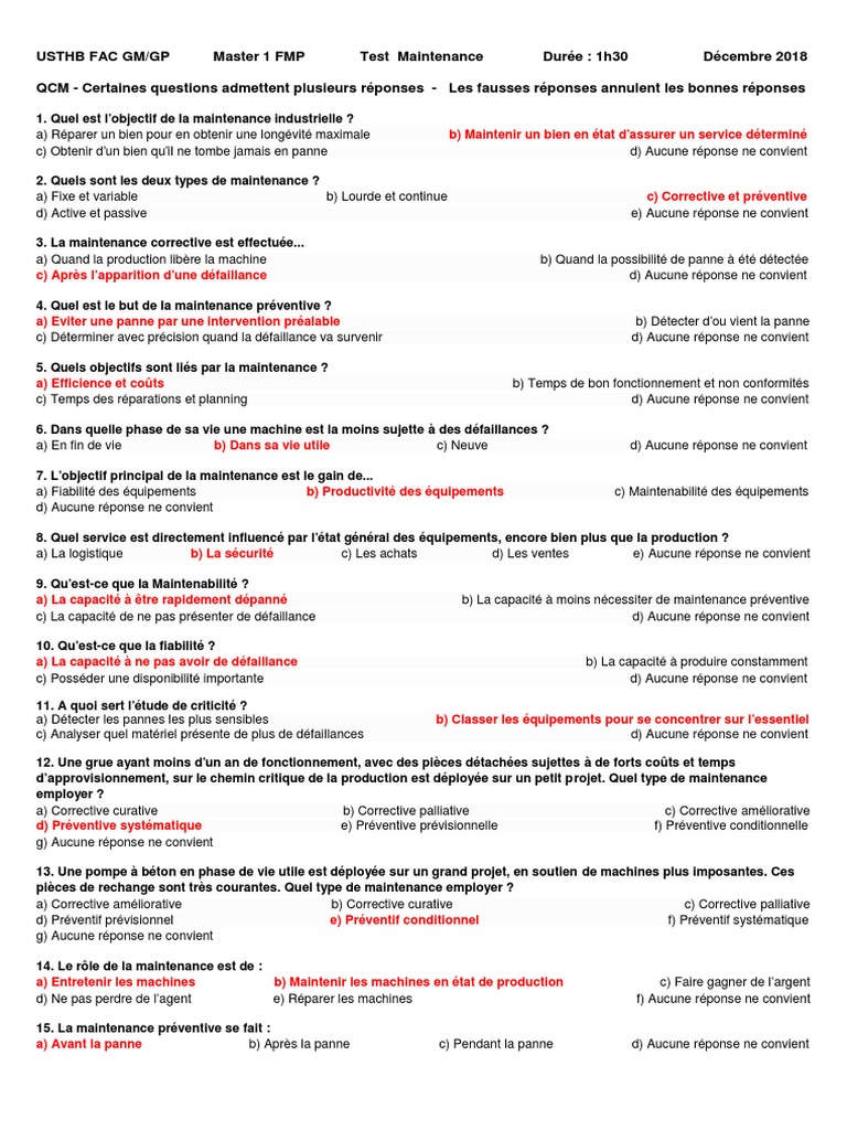 QCM Corrigé Maintenance | PDF | Fabrication et ingénierie | La nature