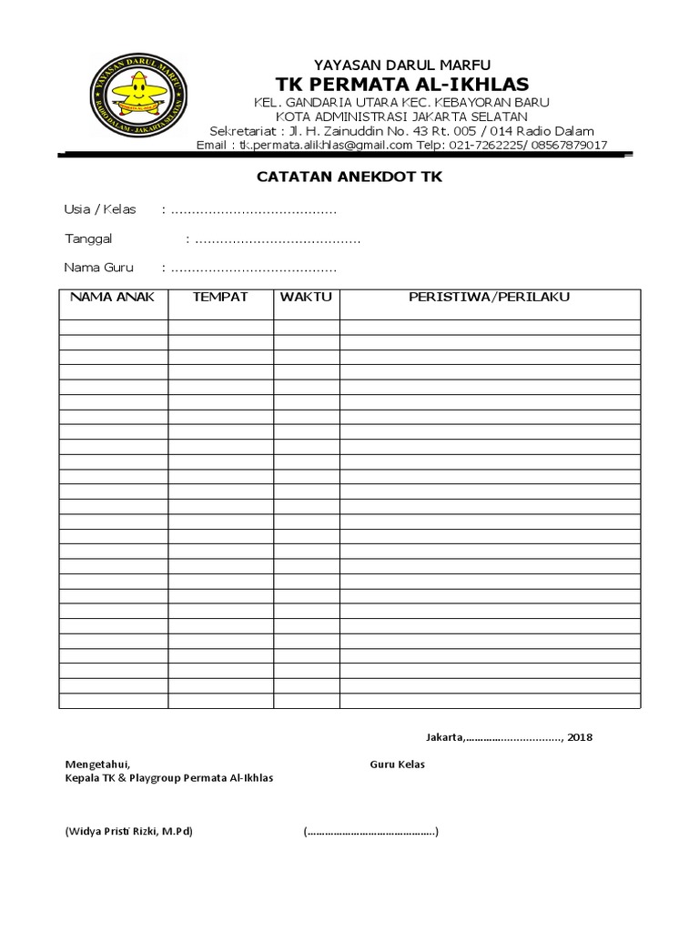 1 Contoh Catatan Anekdot Paud K-13 | PDF