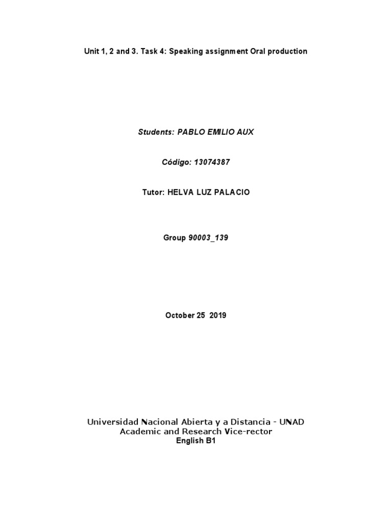 Unit 1, 2 and 3. Task 4: Speaking Assignment Oral Production | PDF