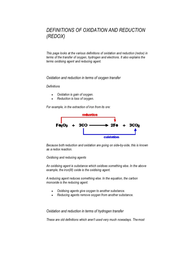 Definitions of Oxidation and Reduction | PDF | Redox | Chemical Compounds
