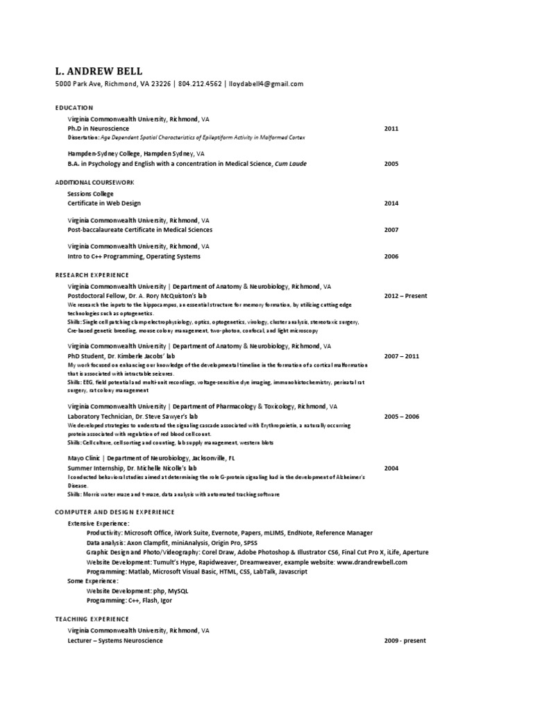 Andrew Bell's Neuroscience CV | PDF | Biology | Neuroscience