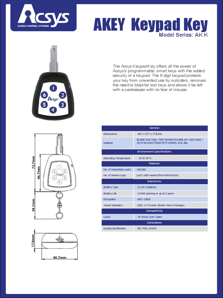 Acsys AK K Keypad Key Features | PDF
