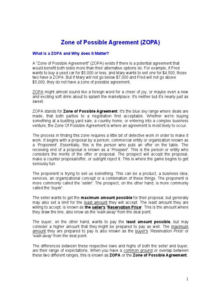 Zone of Possible Agreement (ZOPA) : What Is A ZOPA and Why Does It ...