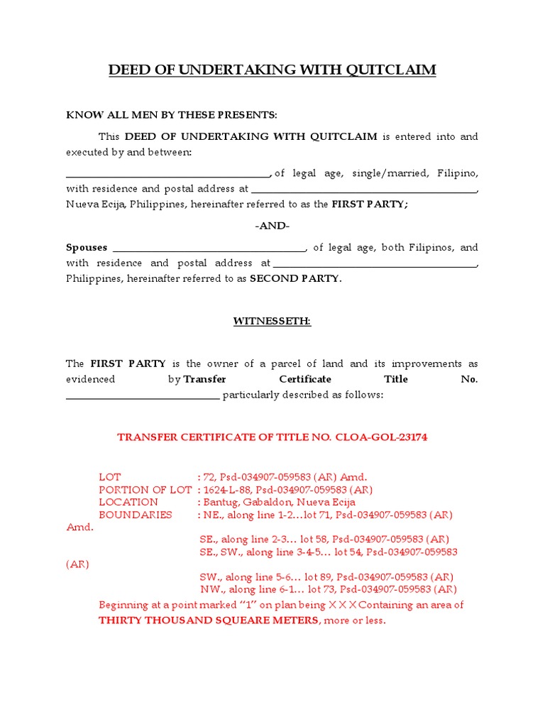 Deed of Undertaking With Quitclaim | PDF | Deed | Identity Document