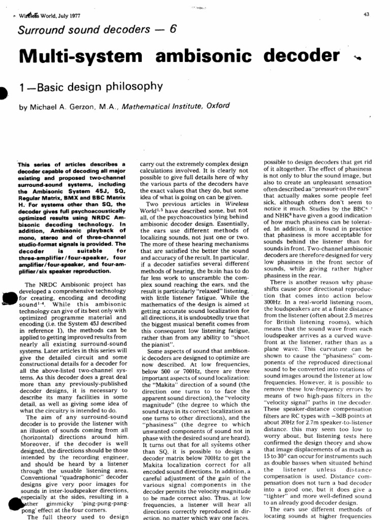 Multisystem Ambisonic Decoder (Wireless World) | PDF | Technology ...