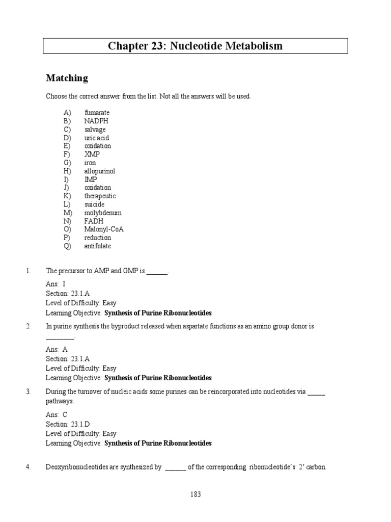 Chapter 23: Nucleotide Metabolism: Matching | PDF | Biosynthesis ...