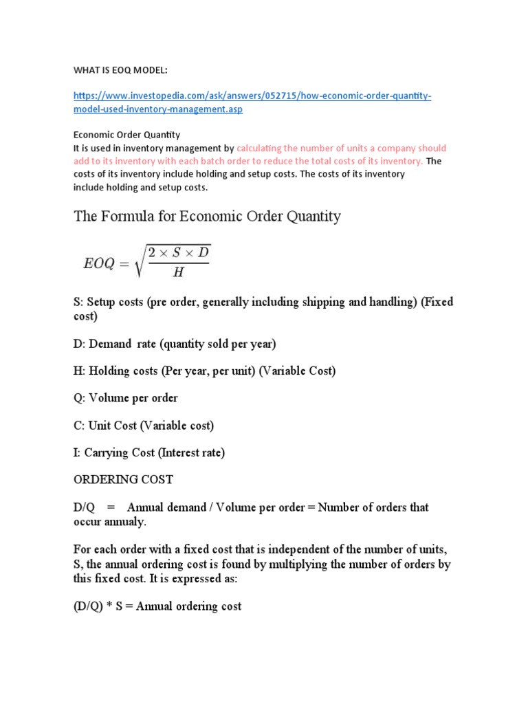 The Formula For Economic Order Quantity: Model-Used-Inventory ...