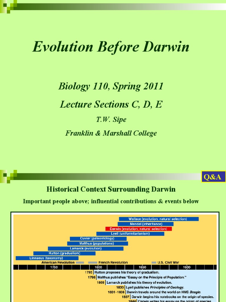 Evolution Before Darwin: Biology 110, Spring 2011 Lecture Sections C, D ...