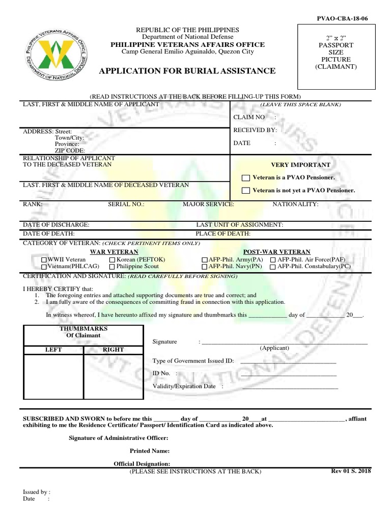 Application For Burial Assistance: Philippine Veterans Affairs Office ...