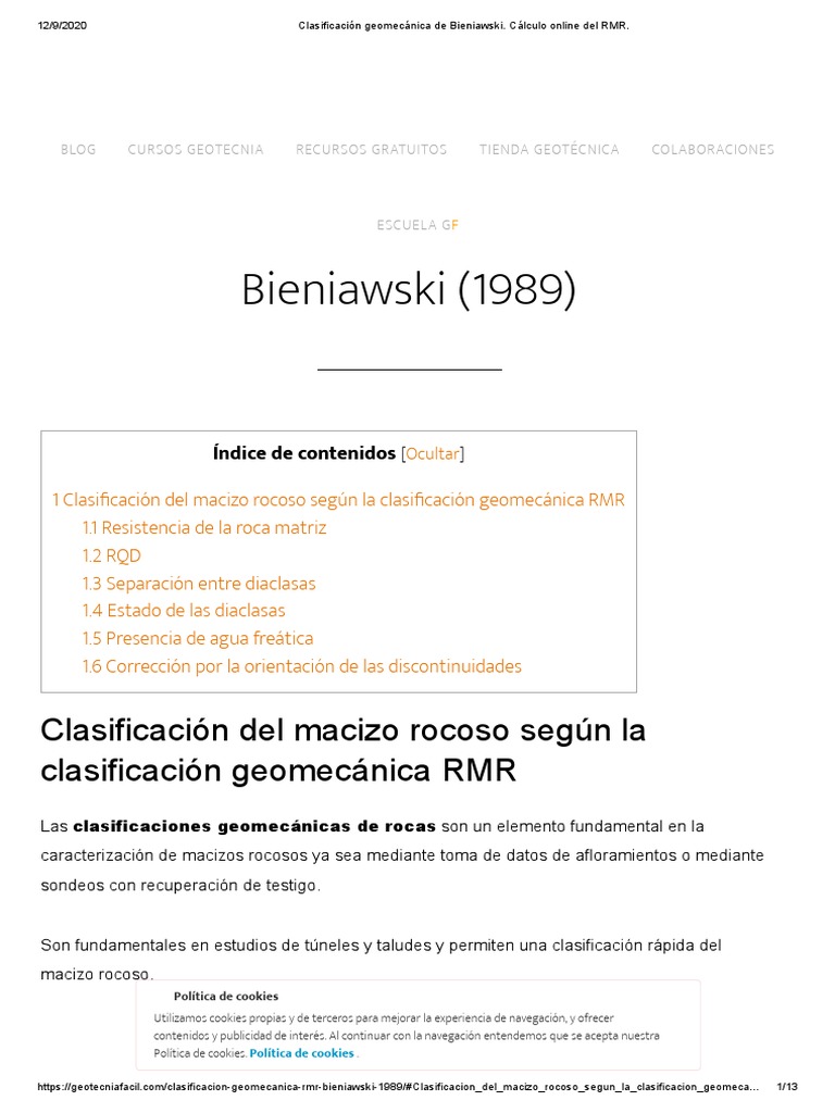 Clasificación Geomecánica de Bieniawski. Cálculo Online Del RMR | PDF ...