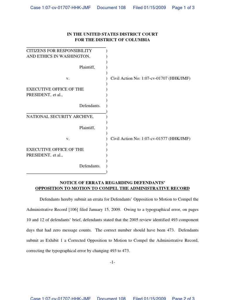 CREW v. EOP: Regarding Missing WH Emails: 1/15/09 - Notice of Errata ...
