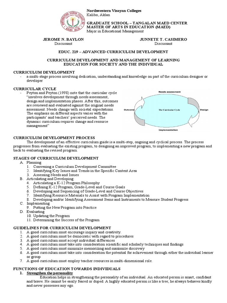 Advanced Curriculum Development - Curriculum and Managment of Learning ...