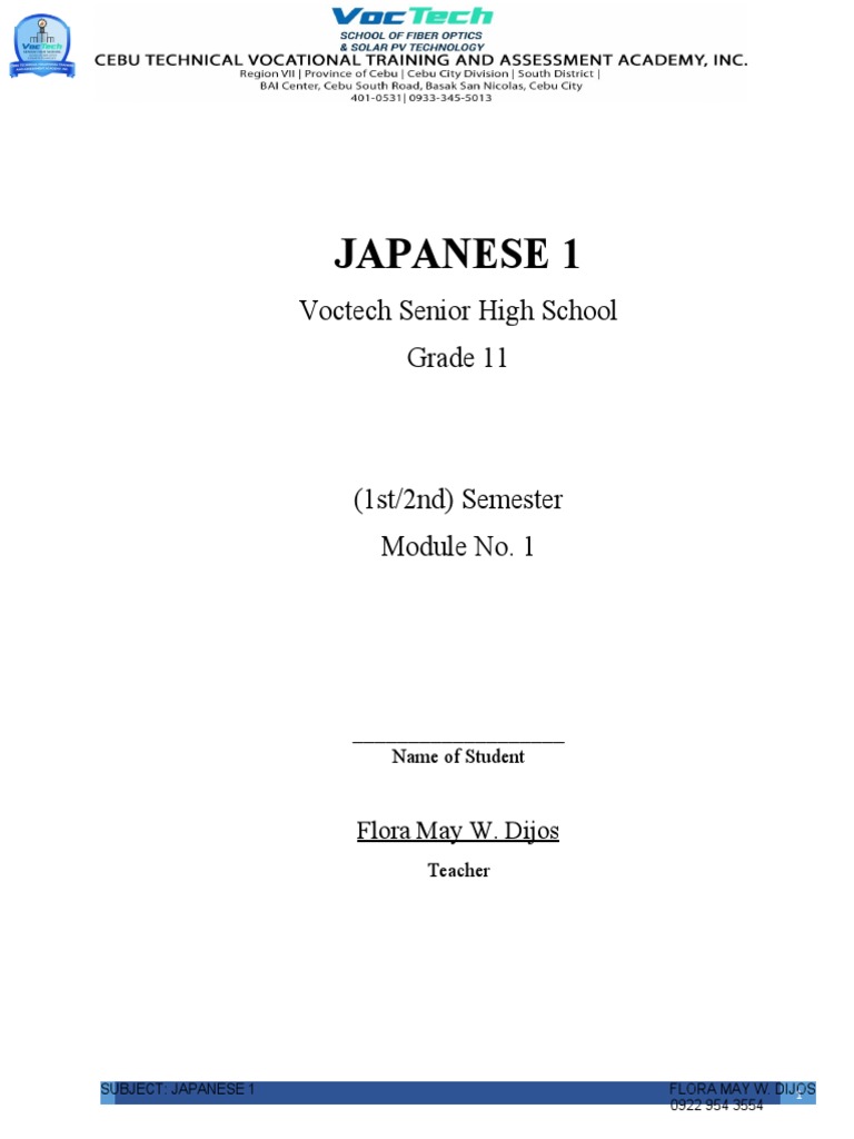 Japanese 1: Voctech Senior High School Grade 11 | PDF | Japan ...