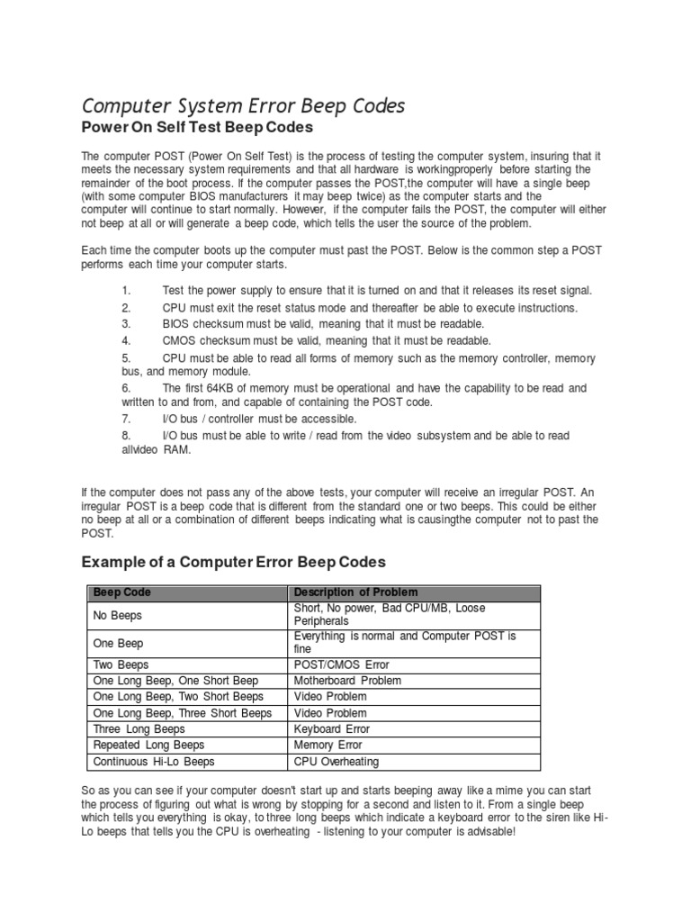 Computer Beep Codes Guide | PDF | Bios | Microcomputers