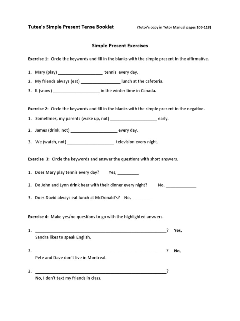 Simple Present Tense Exercises Workbook | PDF | Question | Grammar