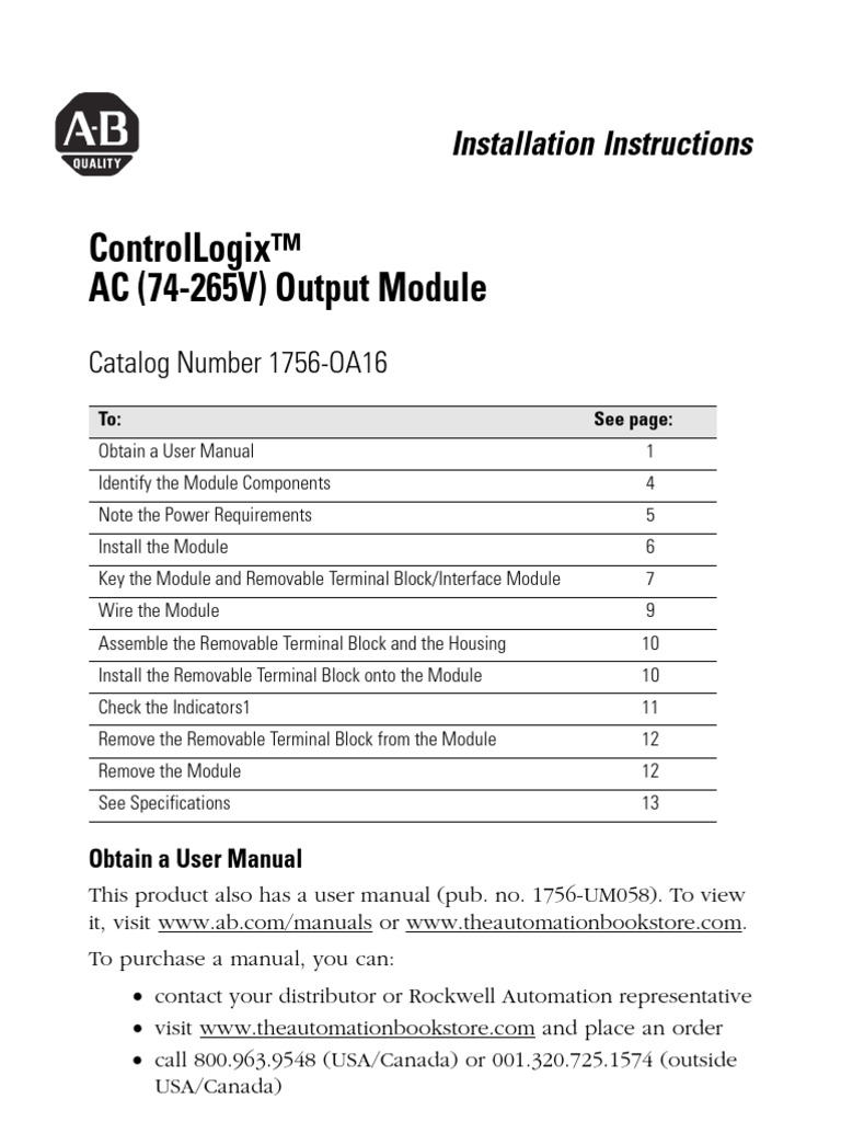 Controllogix™ Ac (74-265V) Output Module: Installation Instructions ...