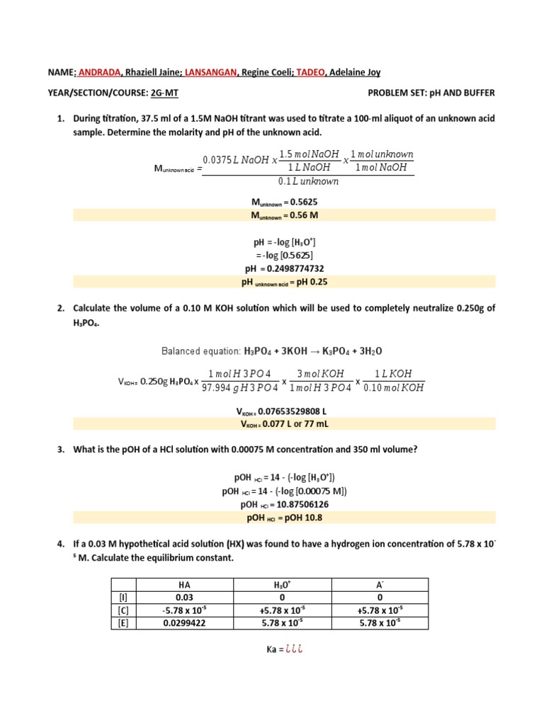 pH and Buffer Calculations: Determining Unknown Acid Concentrations ...