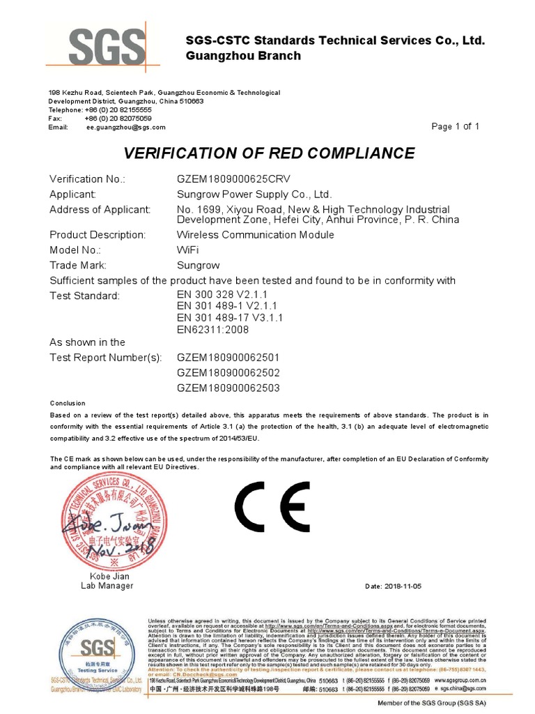 Verification of Red Compliance: SGS-CSTC Standards Technical Services ...